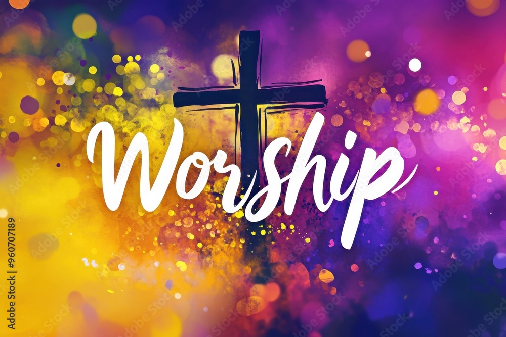 The word "Worship" written in white calligraphy, a cross is blurred out ...