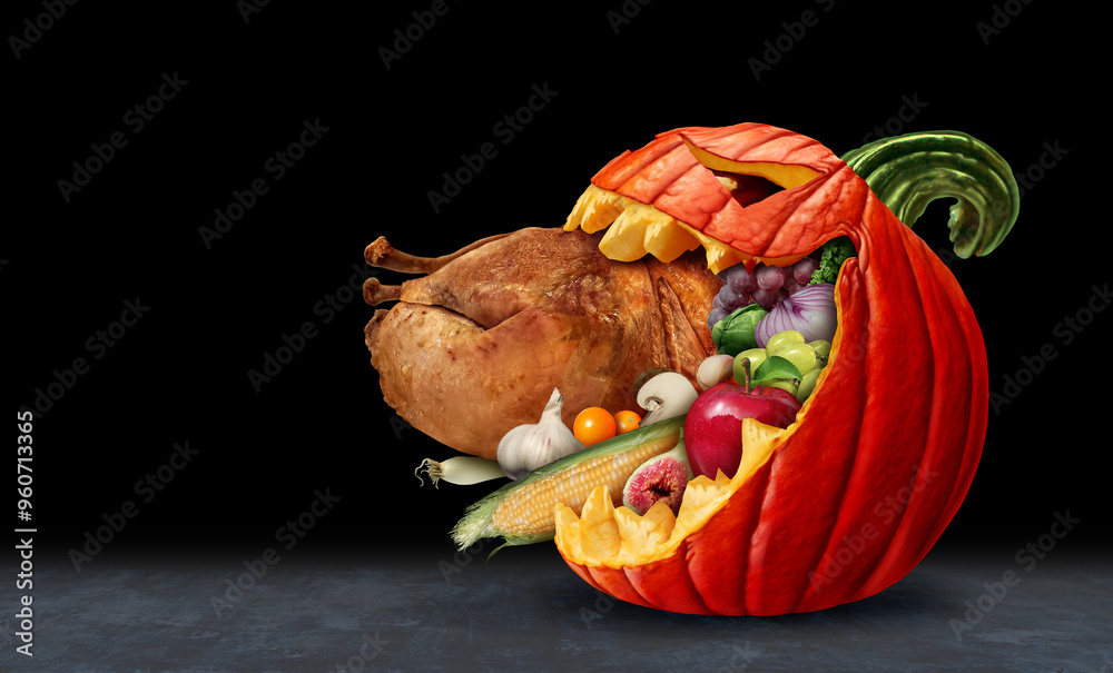 Halloween pumpkin and scary jack o lantern character in a side view ...