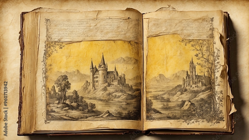 Aged open book displaying ancient illustrations of castles and ruins ...