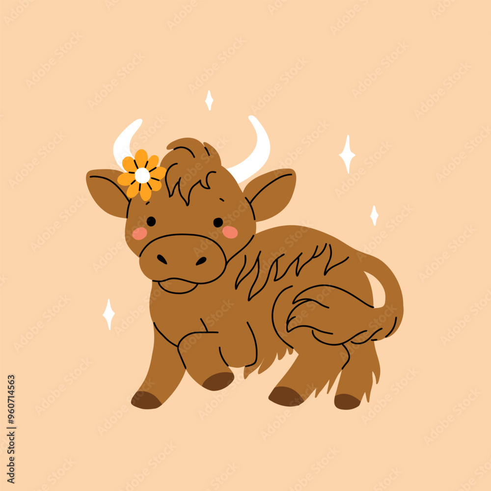 Alphabet printable flashcard with letter Y. Cartoon cute brown yak ...