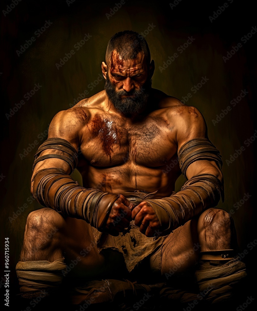 A fierce ancient Greek pankratium fighter, his muscular body covered in ...