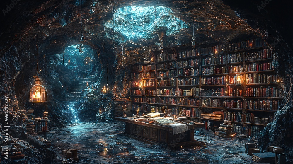 An ancient library hidden deep within a cave, lit by a soft, golden ...