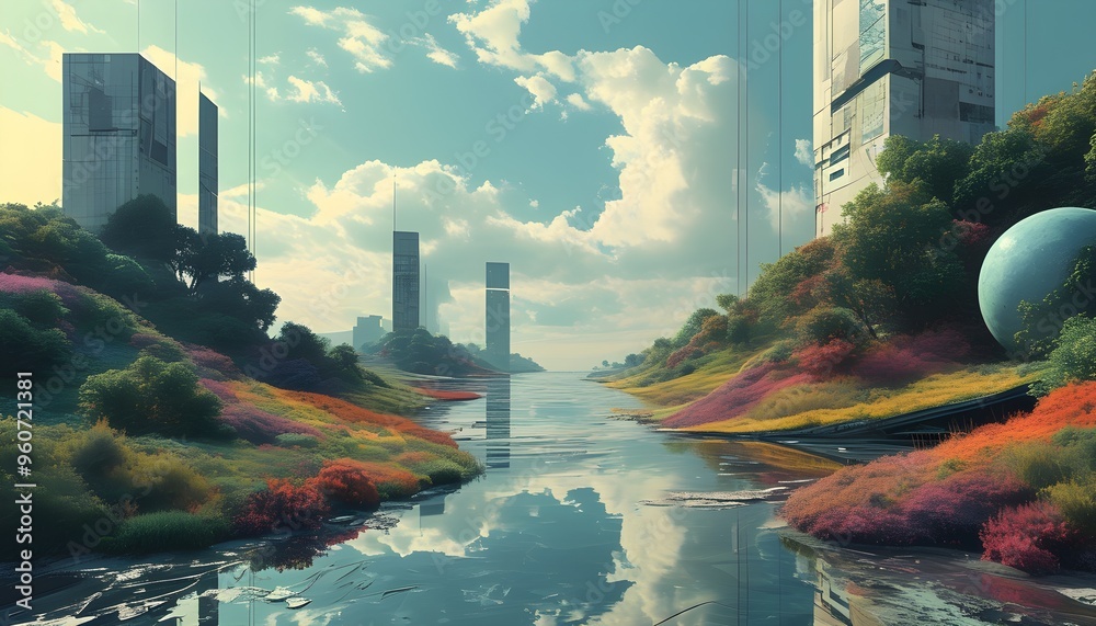 Surreal abstract landscape merging nature and technology in manga style ...