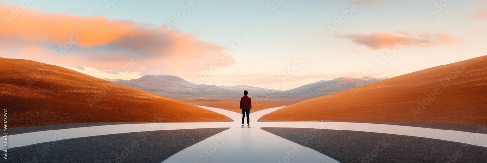 Person standing at crossroads looking towards two different paths Stock ...