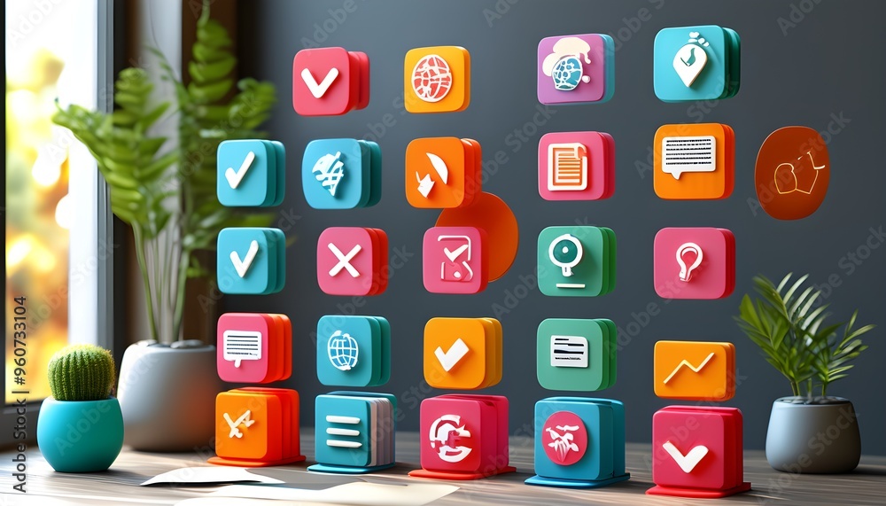 Vibrant 3D sticker sheet featuring diverse symbols and icons with ...