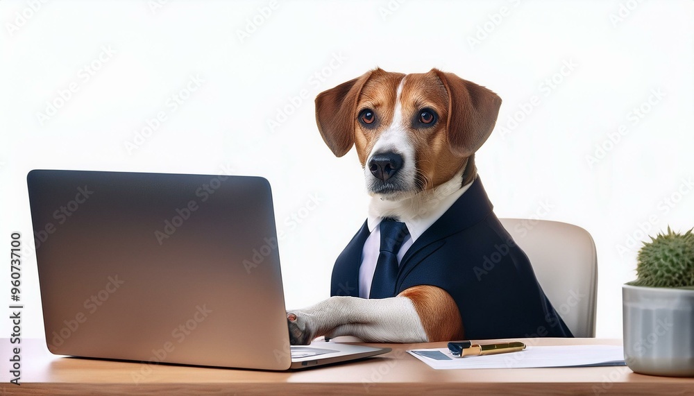Family dog is working in office. Pet in corporate business environment ...