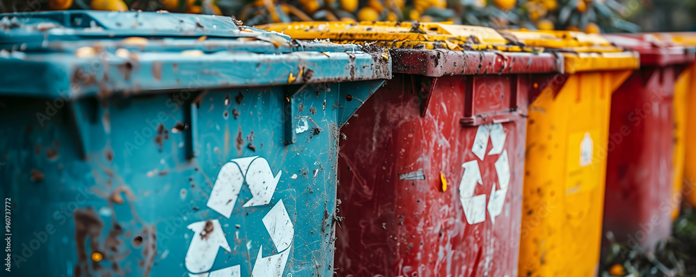 Close up of dirty, colorful recycling bins covered in garbage ...
