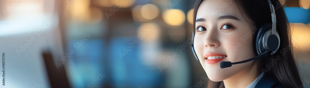 Professional customer service representative with a headset smiling ...