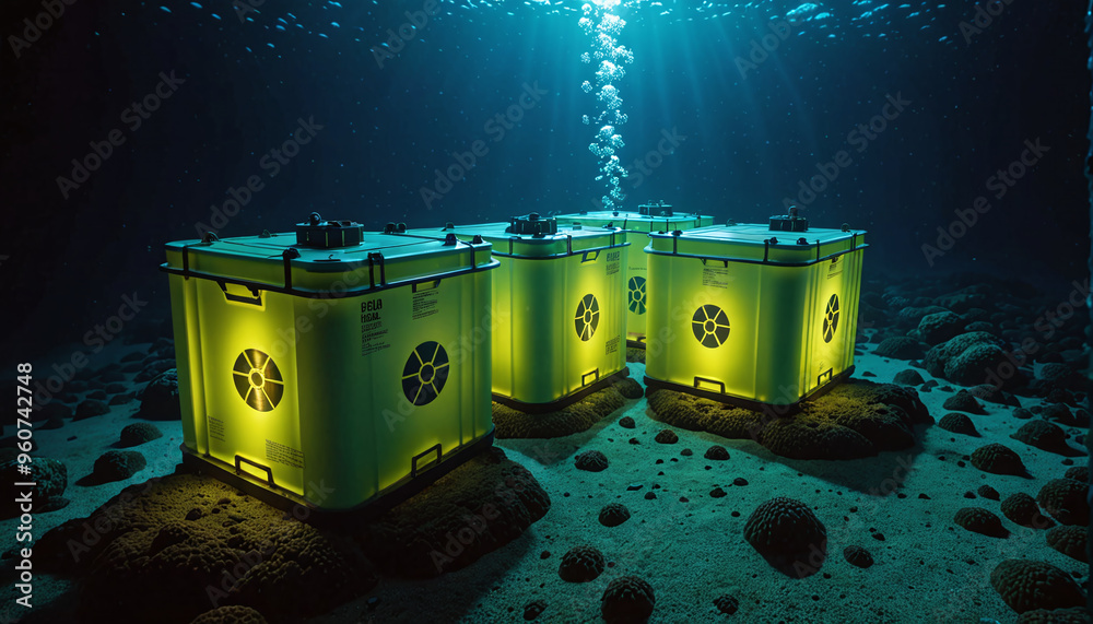 Illustrative depiction of toxic radioactive waste dumped on the seabed ...