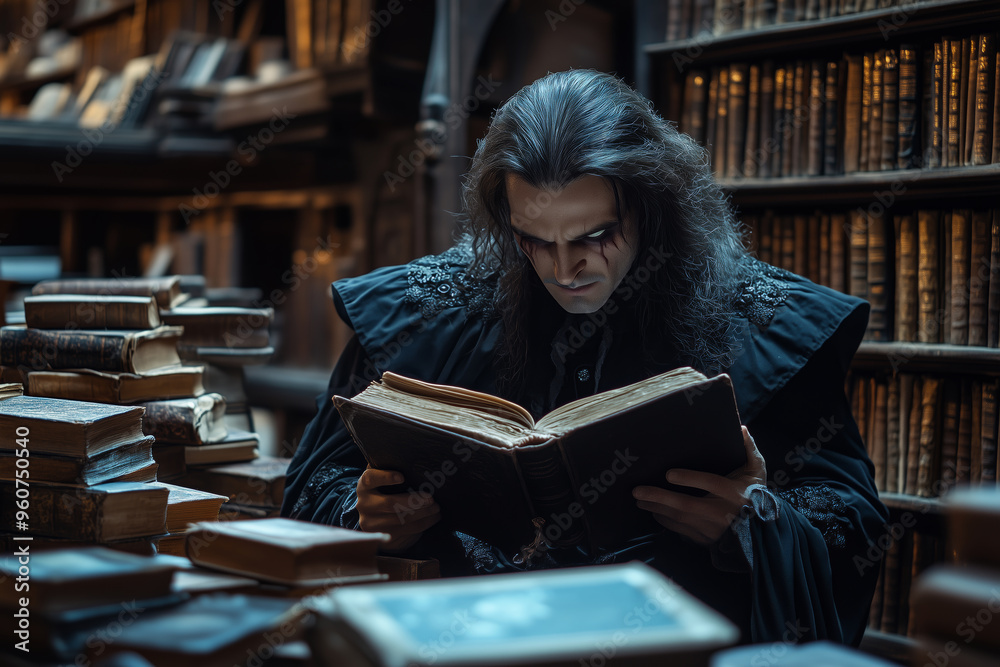 In an ancient library, a vampire immersed in magical tomes under the ...