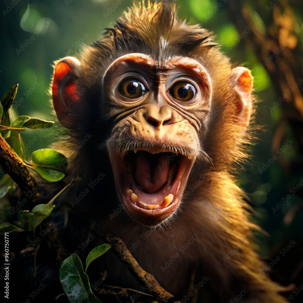 Expressive shot of a young monkey with wide eyes and open mouth ...
