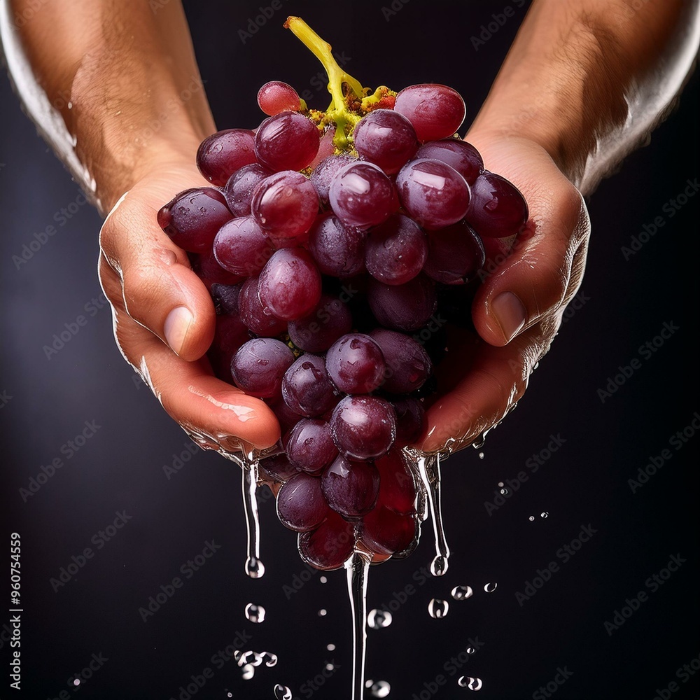 mains tenant une grosse grappe de raisins rouges en ia avec du jus ...