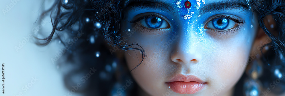 Cute little baby Krishna with blue skin on light background. Birthday ...