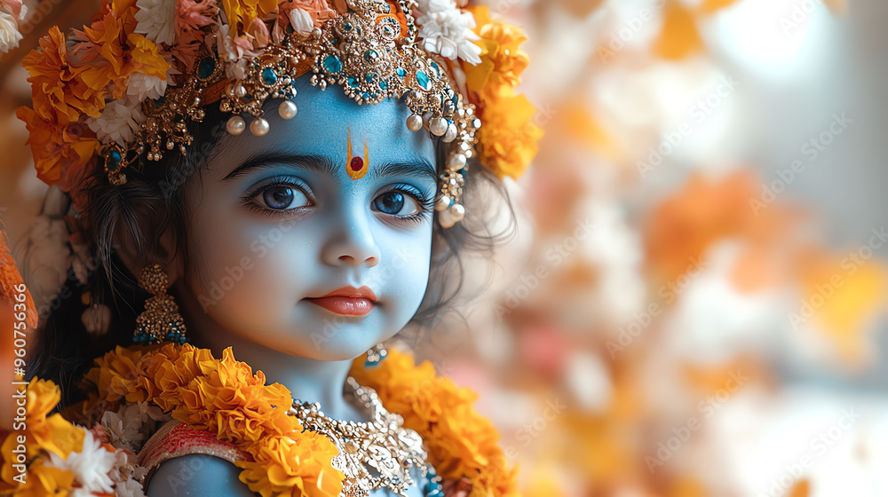 Cute little baby Krishna with blue skin on light background. Birthday ...