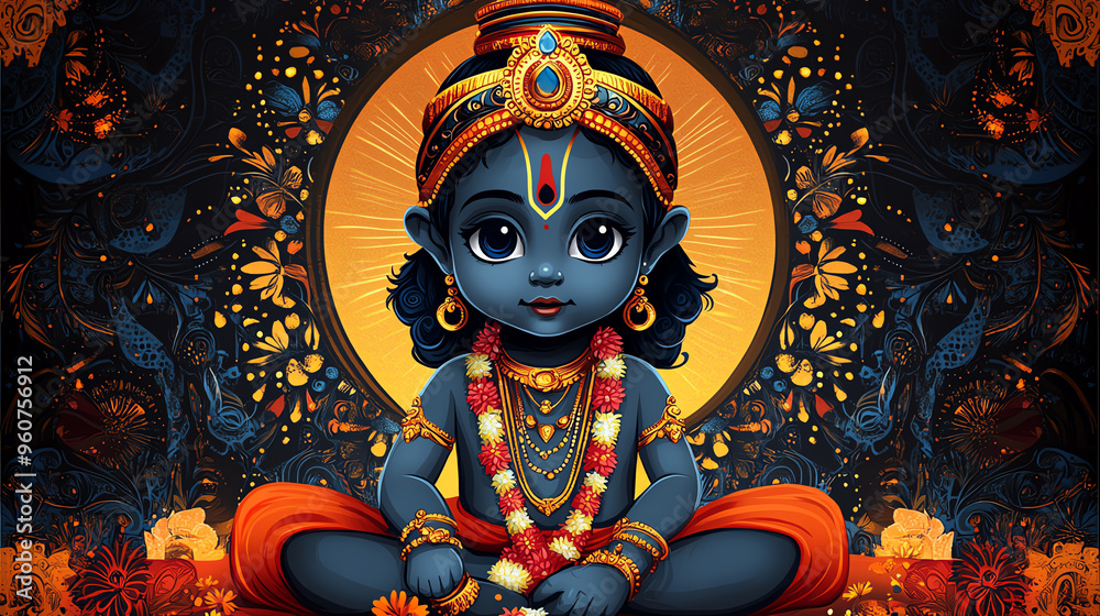 Cute little baby Krishna with Dahi Handi. Cartoon character Hindu god ...
