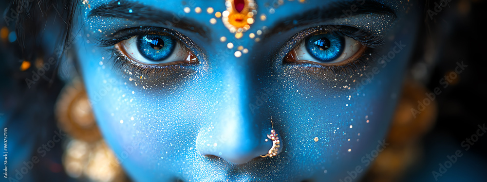 Cute little baby Krishna with blue skin on light background. Birthday ...