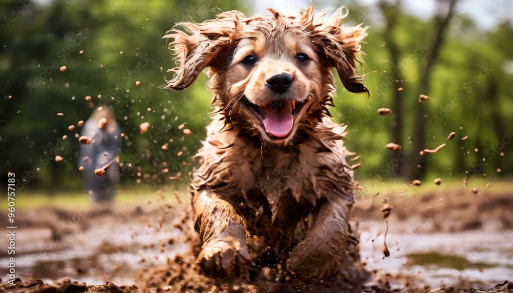 A playful puppy joyfully runs through a muddy puddle, splashing mud ...