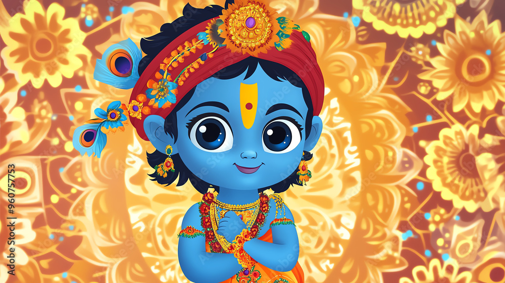Cute little baby Krishna with Dahi Handi. Cartoon character Hindu god ...