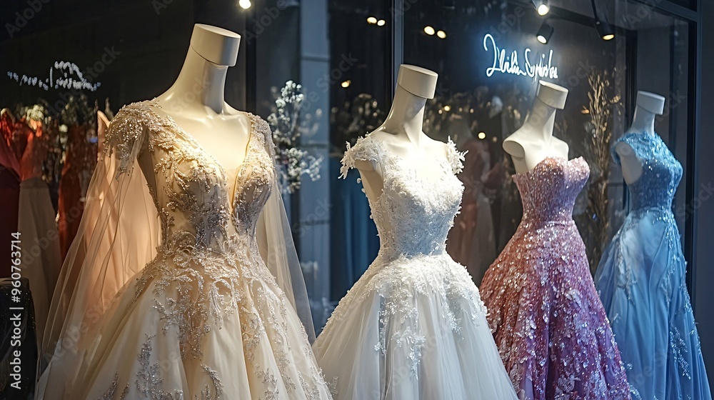 Four wedding dresses in a bridal shop window, showcasing the latest ...