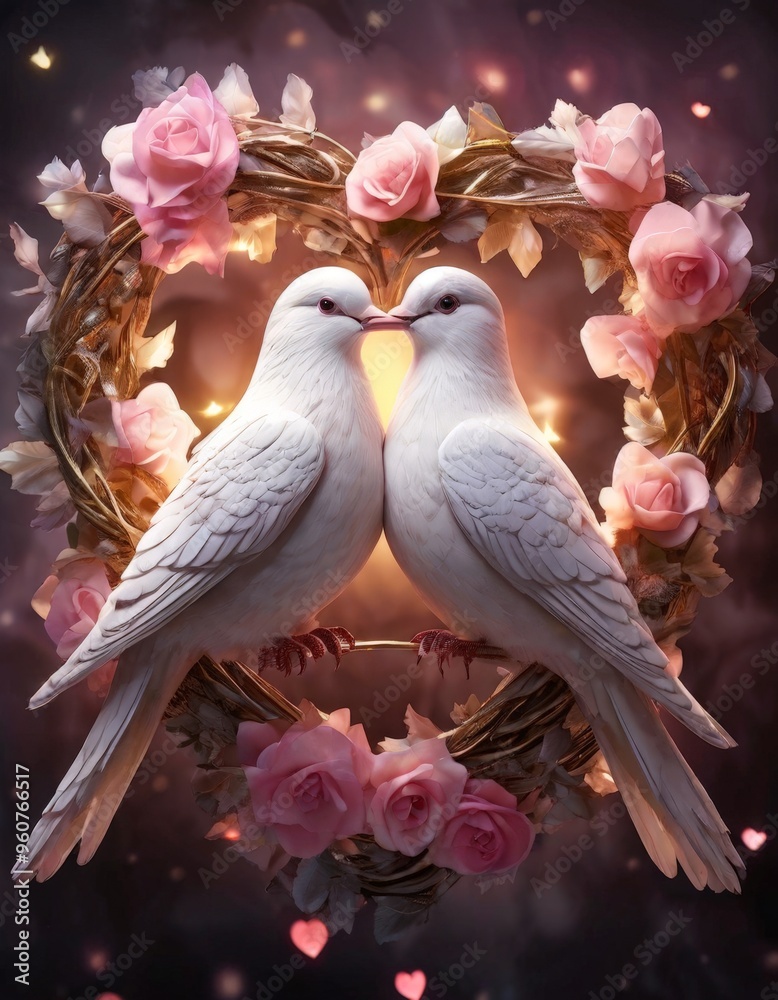 Elegant and romantic scene with two white doves touching beaks, perched ...