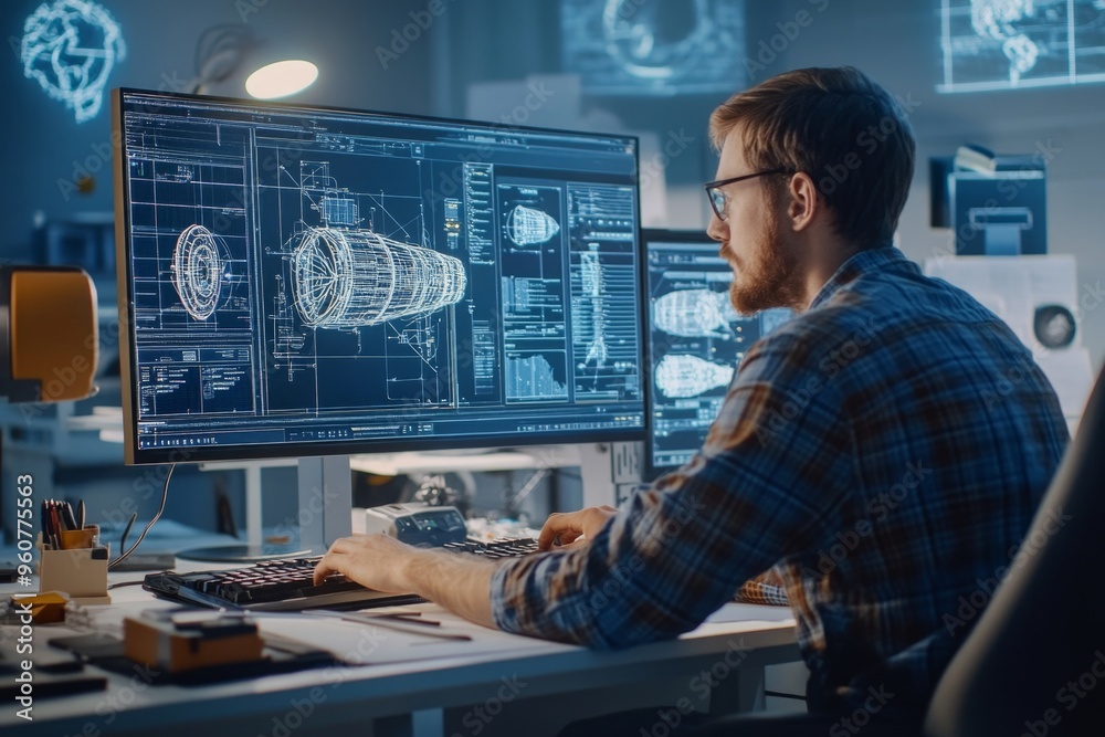 Engineer working on cad software for aerospace engine design in modern ...