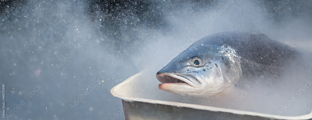 Frozen salmon fish with its head in a plastic transport container ...