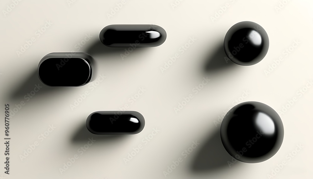 The arrangement of four black objects of different sizes on a pale ...