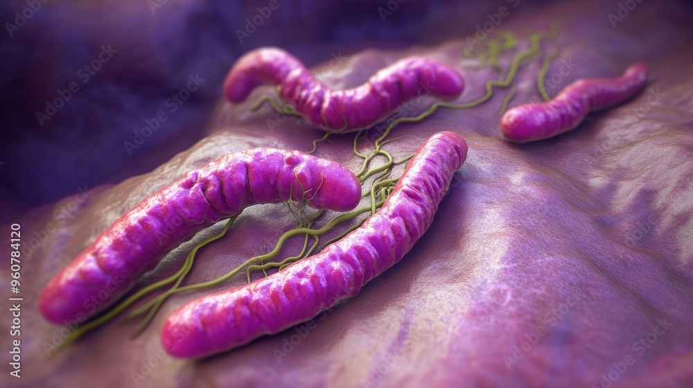 3D rendering of Helicobacter pylori causing ulcers in the stomach, with ...