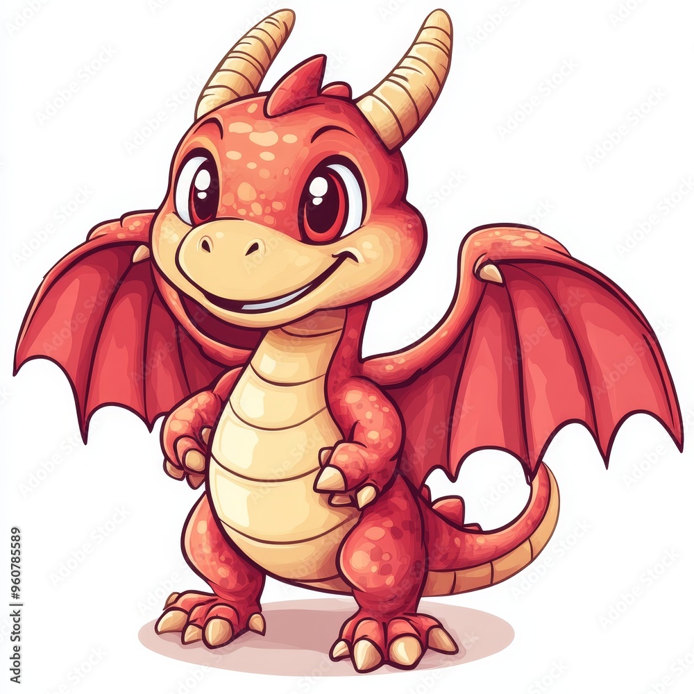 Cute cartoon dragon character standing proudly with outstretched wings ...