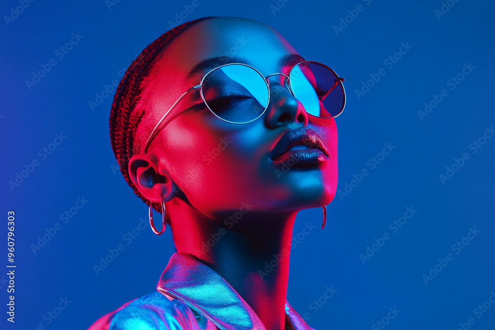 Fashion Portrait of Woman in Silver Futuristic Suit with Solid Neon ...