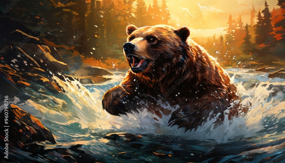 A powerful grizzly bear stands in a rushing river, roaring with ...