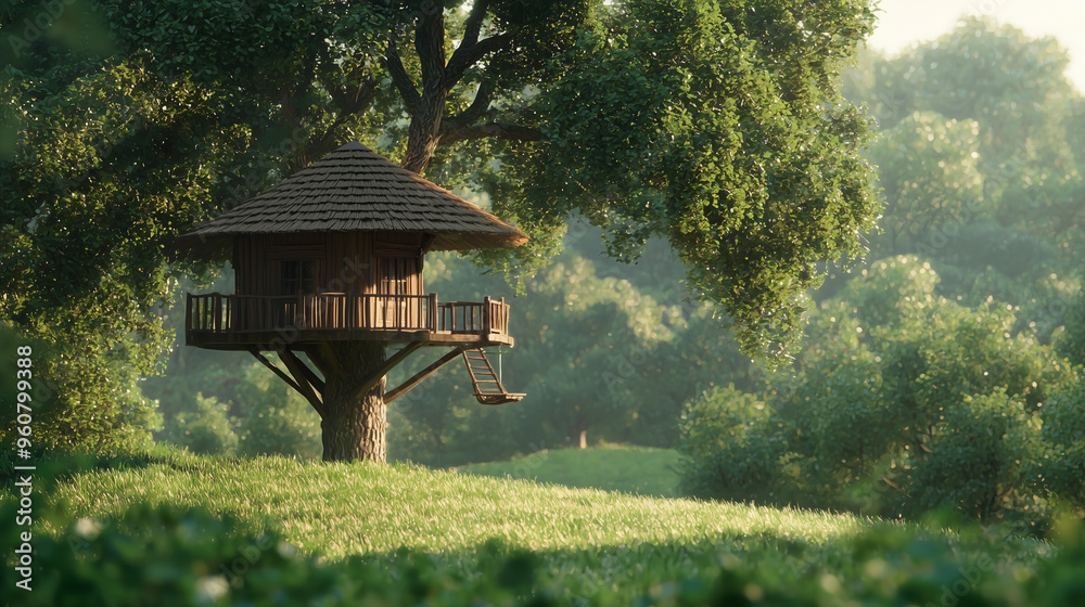 charming depiction of a wooden tree house with a traditional hut-like ...