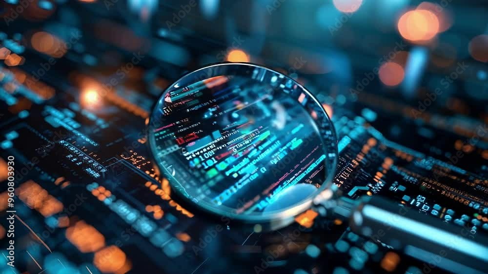 Magnifying glass is revealing innovative software code in a complex ...