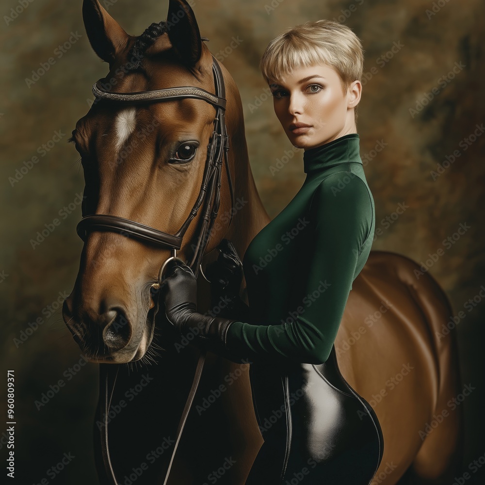 Blonde woman with short hair in emerald equestrian attire holding brown ...