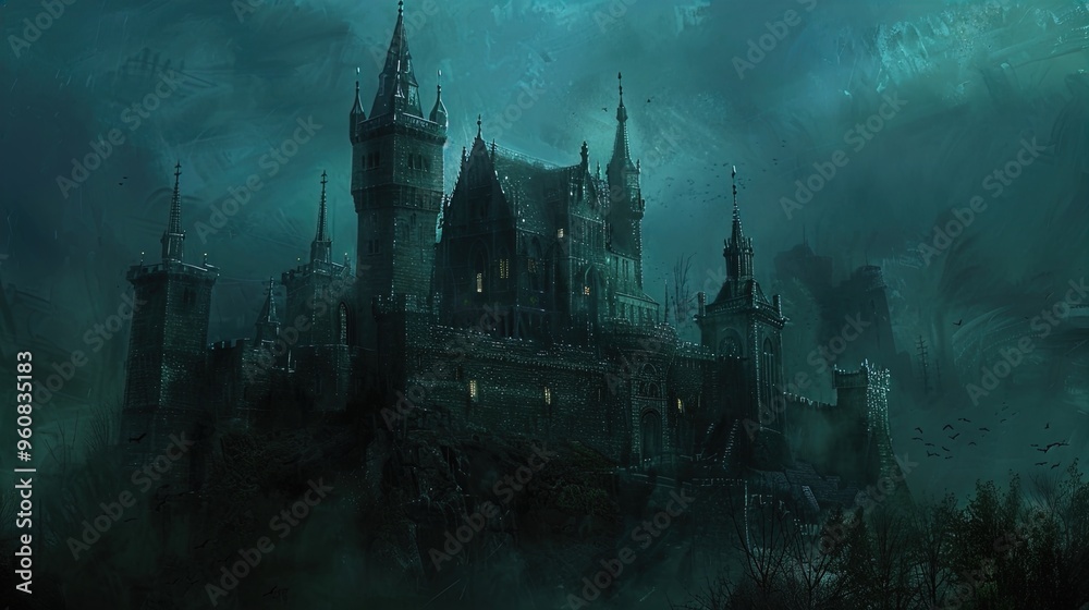 The image depicts a dark, gothic-style castle enveloped in a misty ...