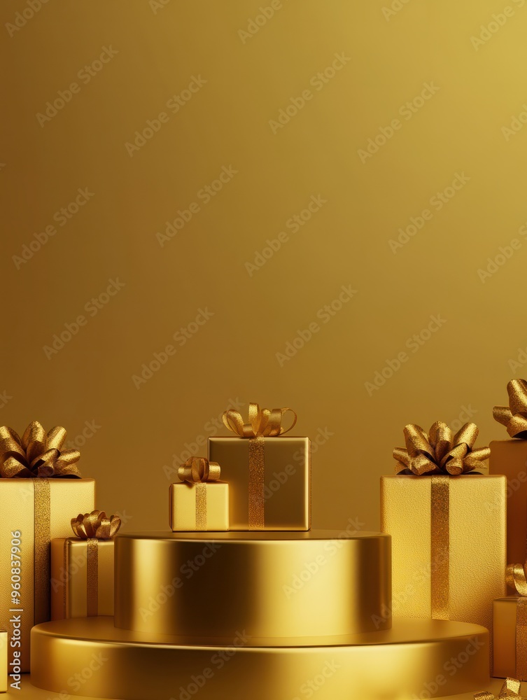 Solid gold background with text space surrounded by golden gift boxes ...