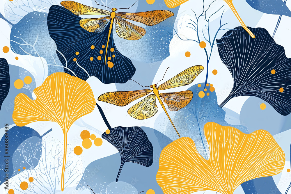 Seamless pattern of art nouveau-inspired ginkgo leaves and dragonflies ...