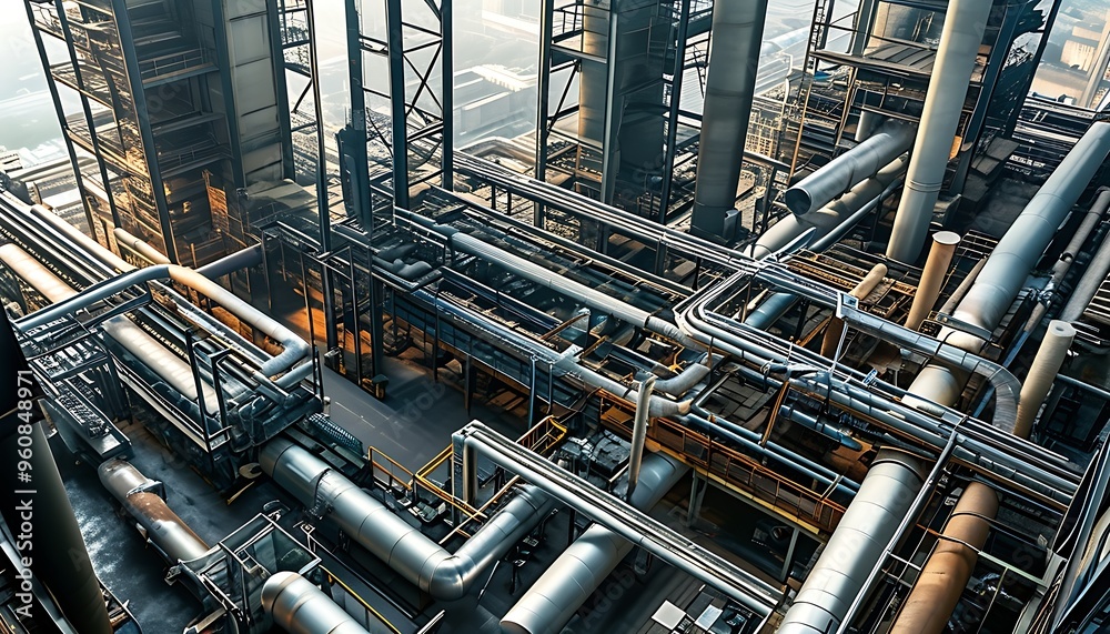 High-rise buildings overlook the factory assembly line, highlighting ...