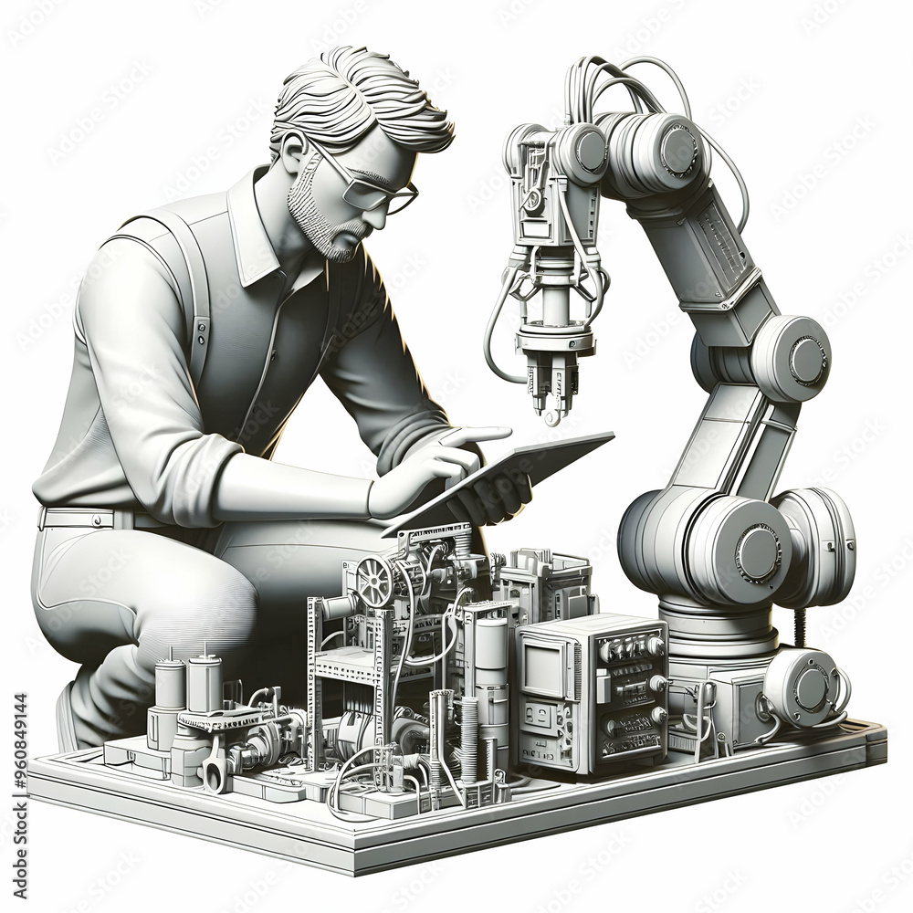 3D Engineer Intensely Focused on Robotic Arm Programming in Tech Lab ...