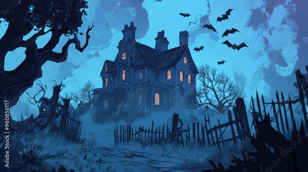 Cartoon haunted mansion with spooky trees broken fences and bats flying ...