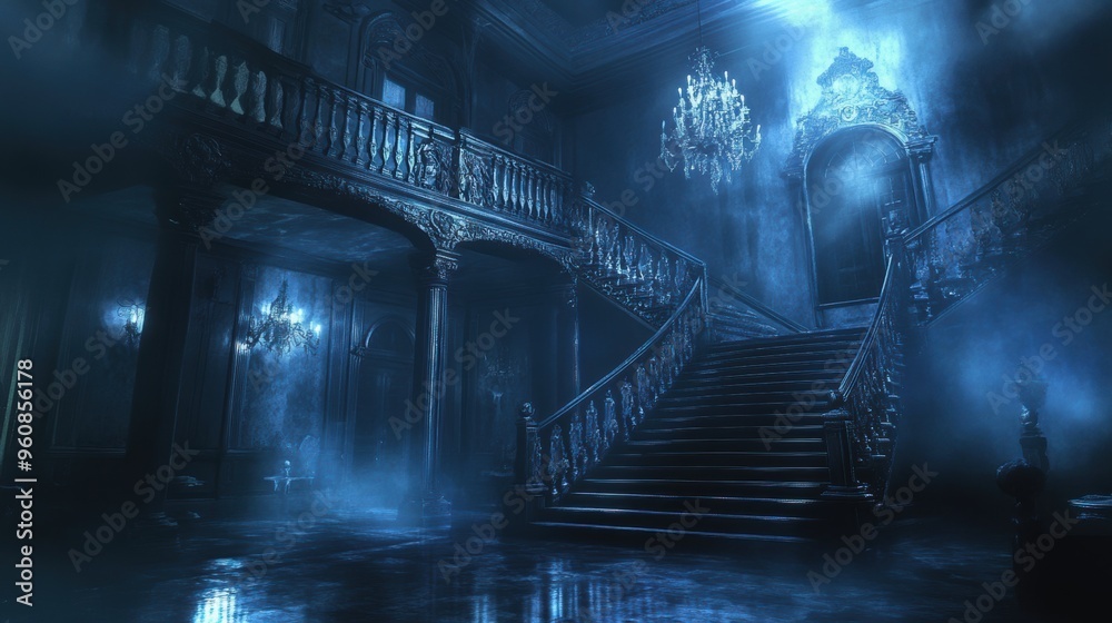 Haunted mansion level with spooky staircases floating ghosts and a dark ...