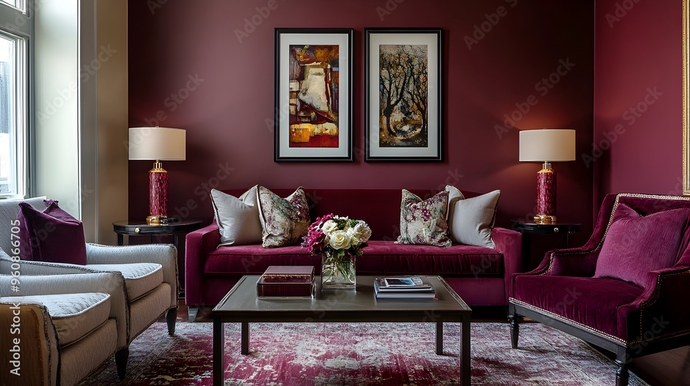 A cozy and sophisticated living room showcasing deep maroon tones ...