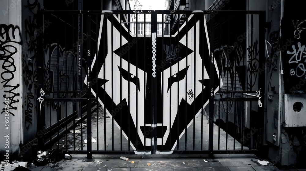 Black and White Wolf Graffiti on Metal Gate in Urban Alley Stock Photo ...