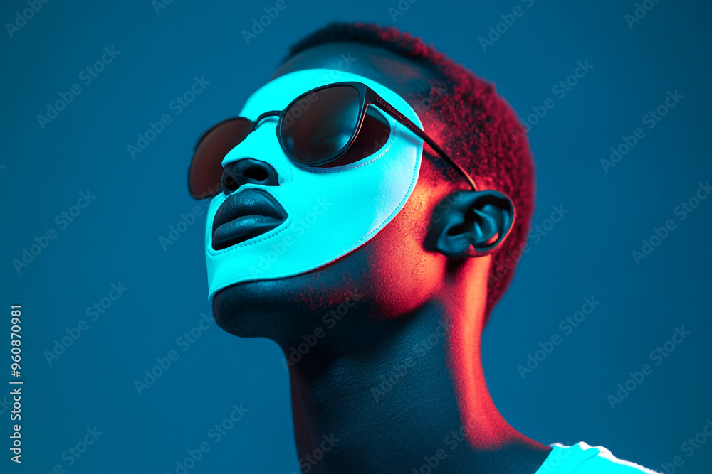 Stylish Mens Mountain Green Face Mask with Solid Neon Blue Background ...