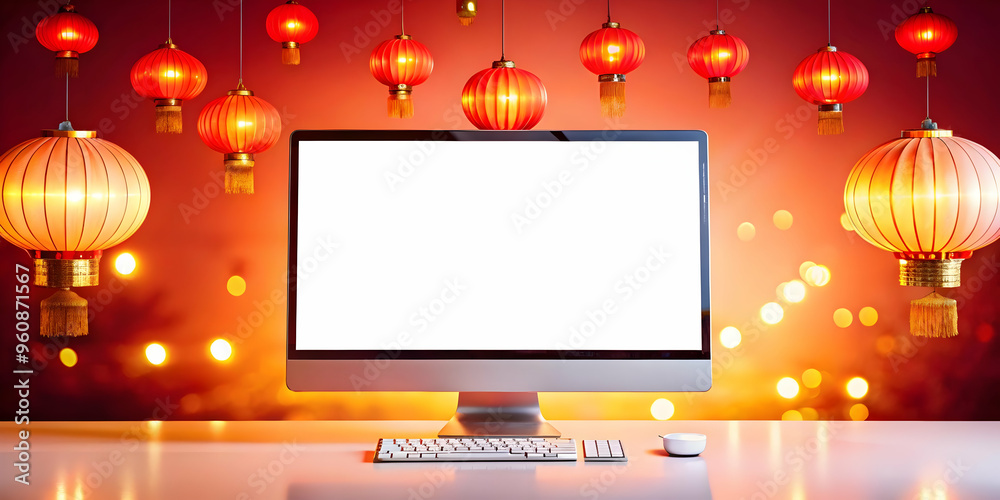 Mid Autumn Festival Concept: Desktop Computer on Holographic Background ...