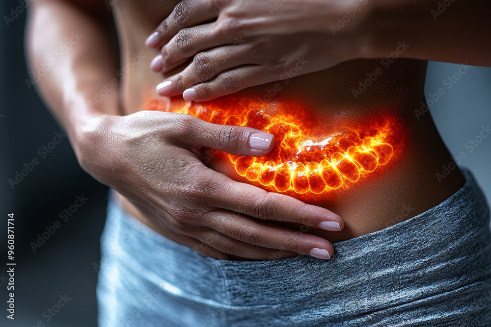 A person holding their stomach and grimacing, suggesting symptoms of ...