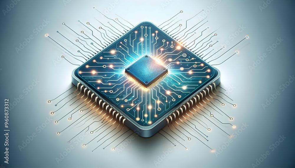 Flat Abstract AI Chip with Neural Circuits on White Background ...