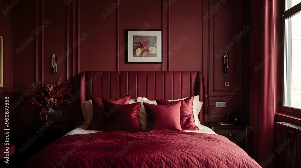 This photograph showcases a bedroom interior with a deep maroon color ...