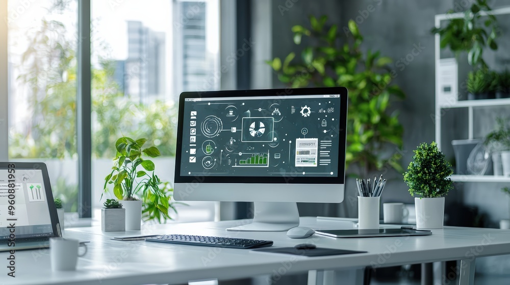 Home office with energy-efficient computers and smart energy management ...