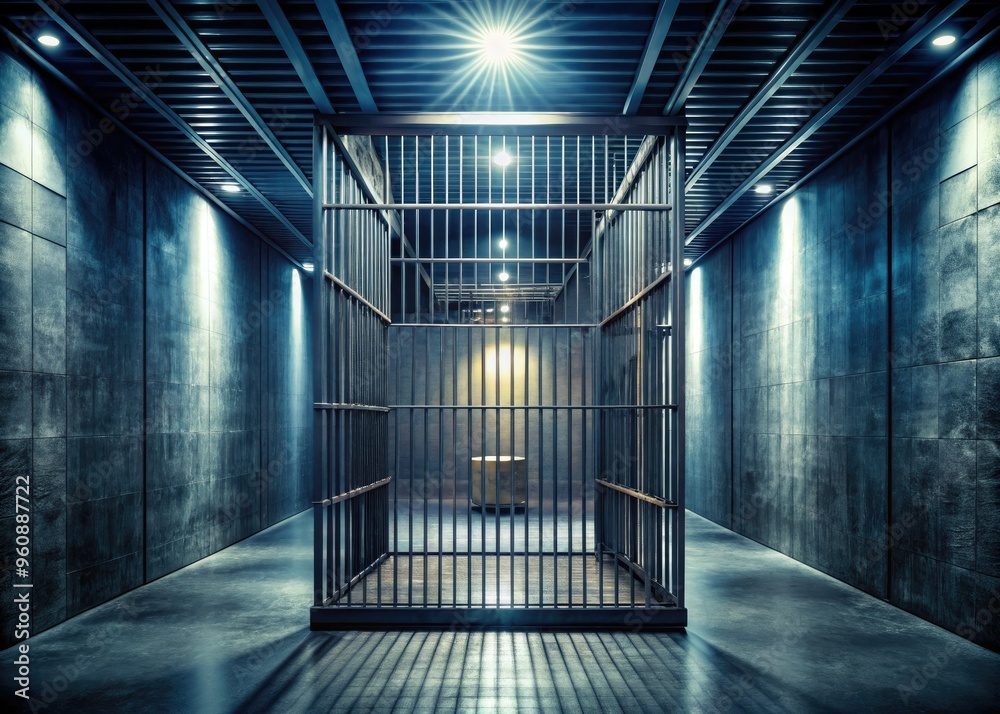 cold metallic darkness steel cage dimly lit corridor isolation ...